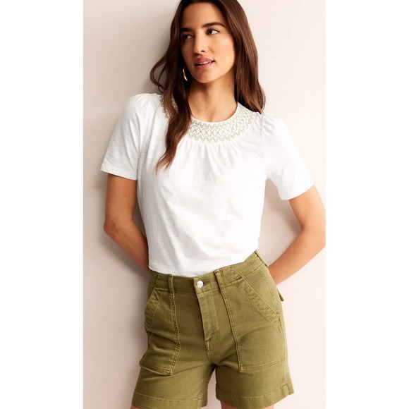 Boden | Tops | Boden Smock Neck Puff Sleeve Topwhite Gold Metallic Size ...